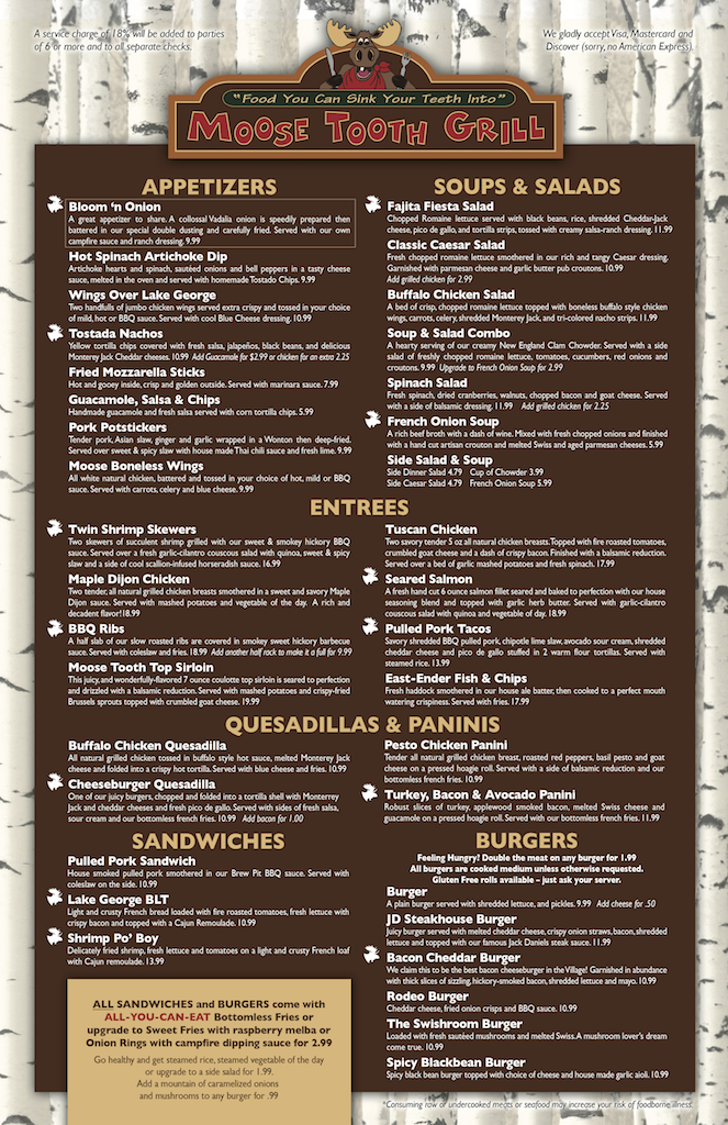 Our Lake George Restaurant Menu : Moose Tooth Grill