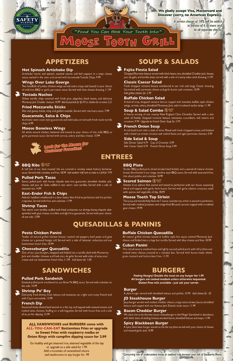 Our Lake George Restaurant Menu : Moose Tooth Grill